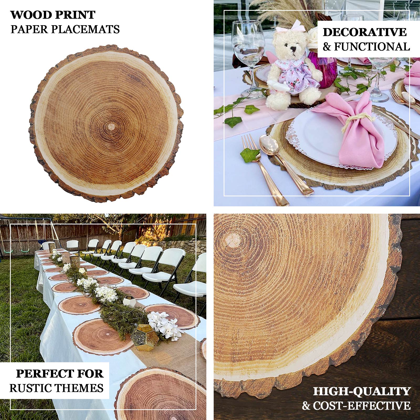 6 Pack Farmhouse Natural Wood Slice Print Disposable Dining Table Mats ...