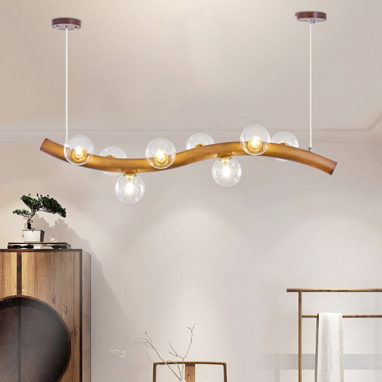 Modern Minimalist Wave Line Orb Solid Wood Glass 6/8/10 Lights Island ...
